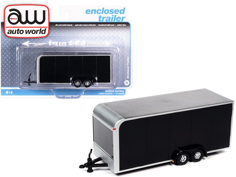 4-Wheel Enclosed Car Trailer Black 1/64 Diecast by Autoworld